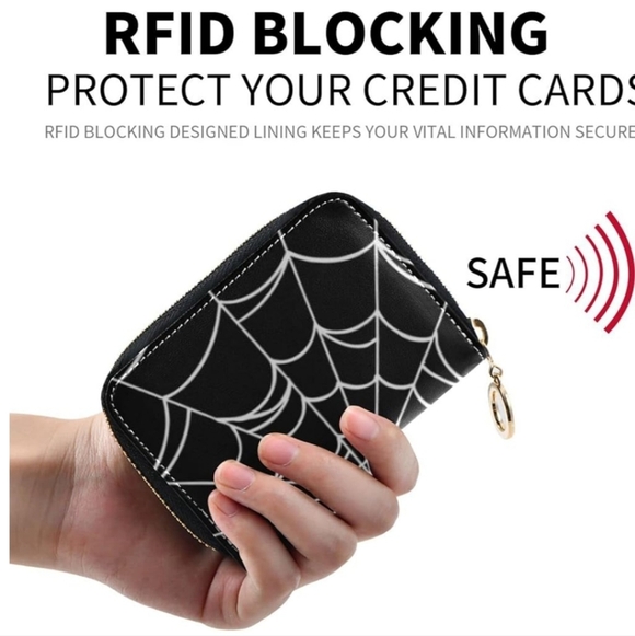 Bags | Black Rfid Blocking Wallet With Spider Web Design | Poshmark